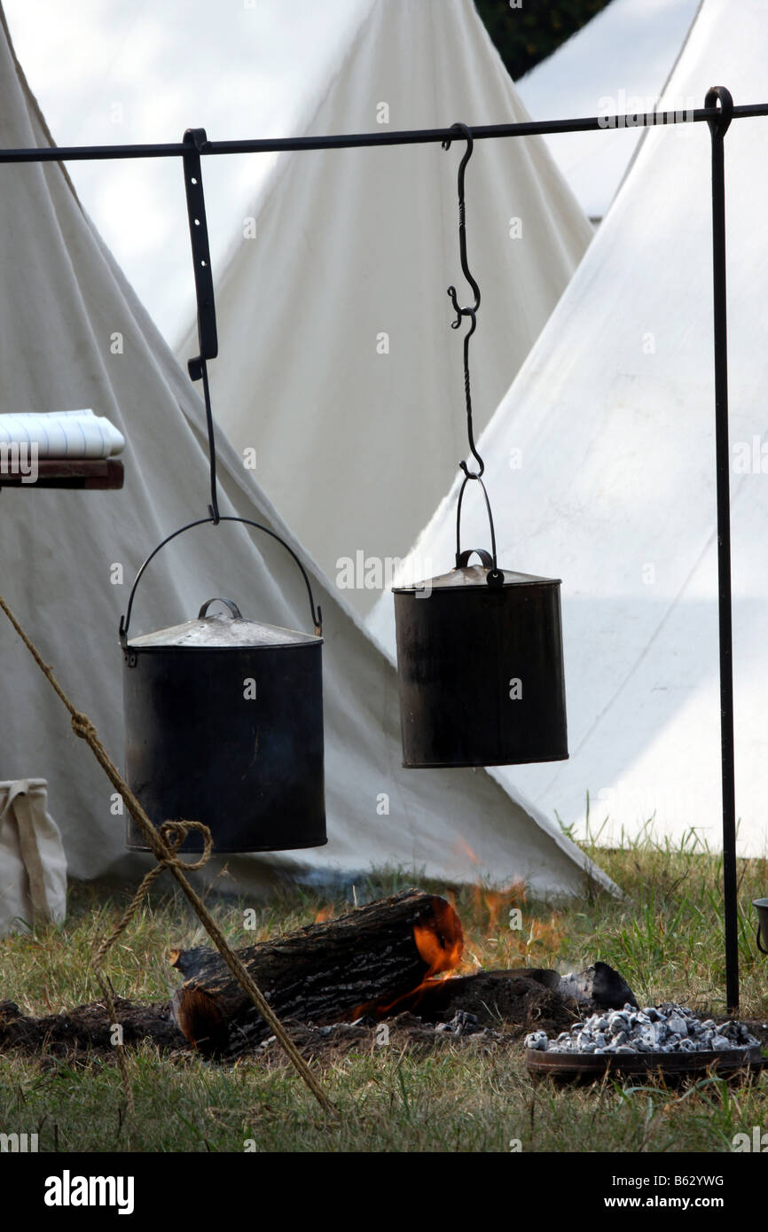 Three civil war period tents and campfire at camp Stock Photo - Alamy