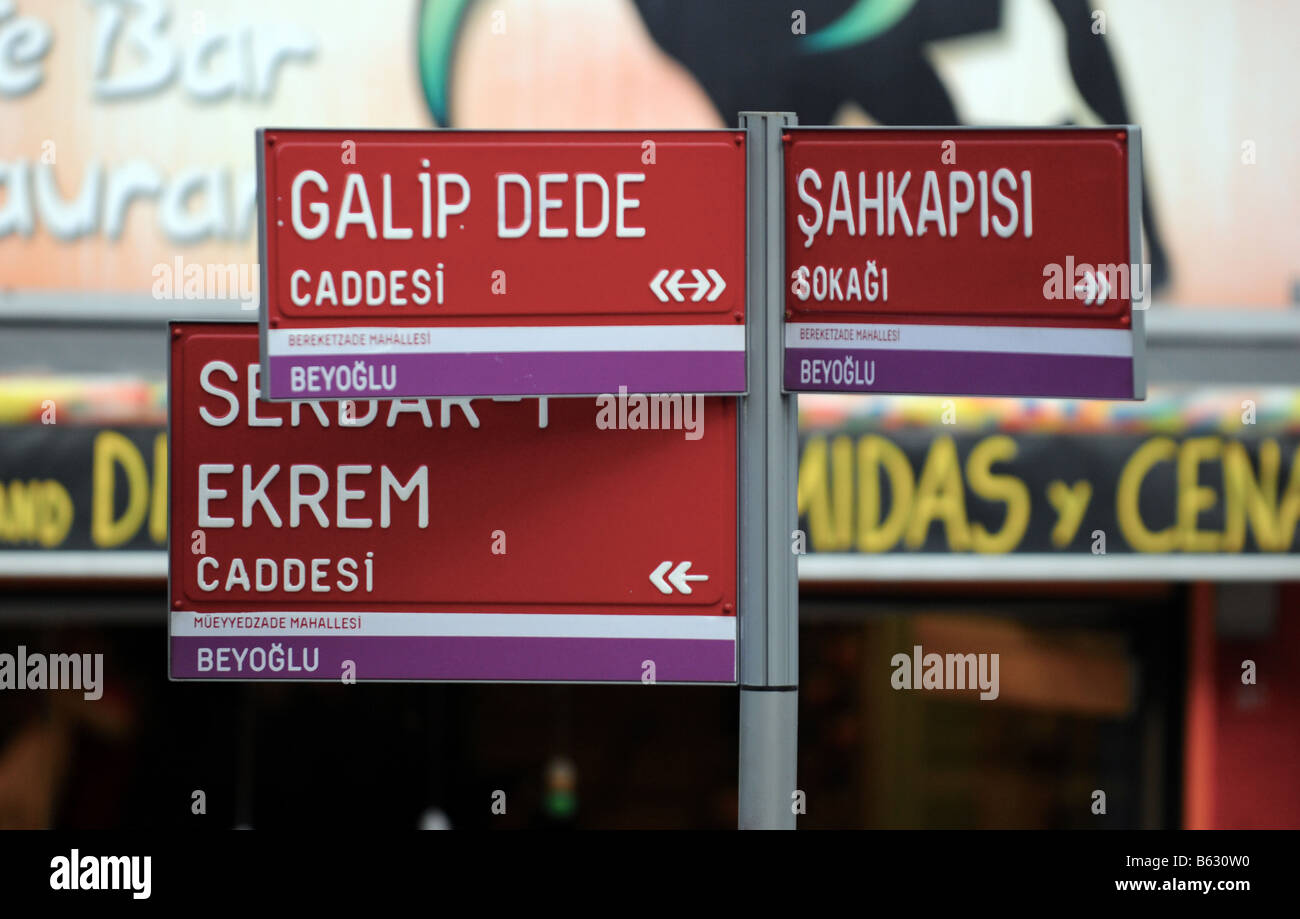 Street signs in Beyoglu, Istanbul- near to the Galata Tower and ...