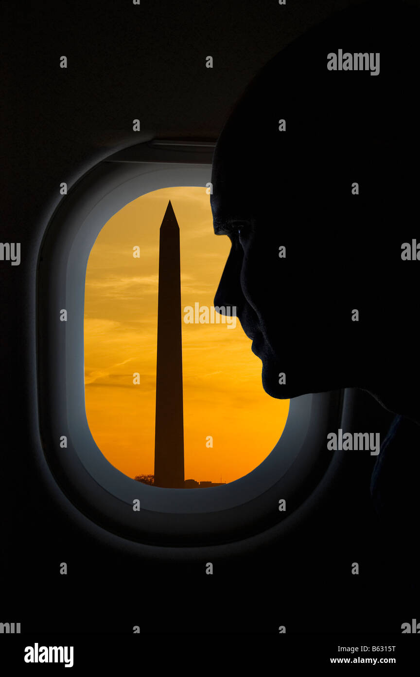 Obelisk viewed through the window of an airplane, Washington Monument ...