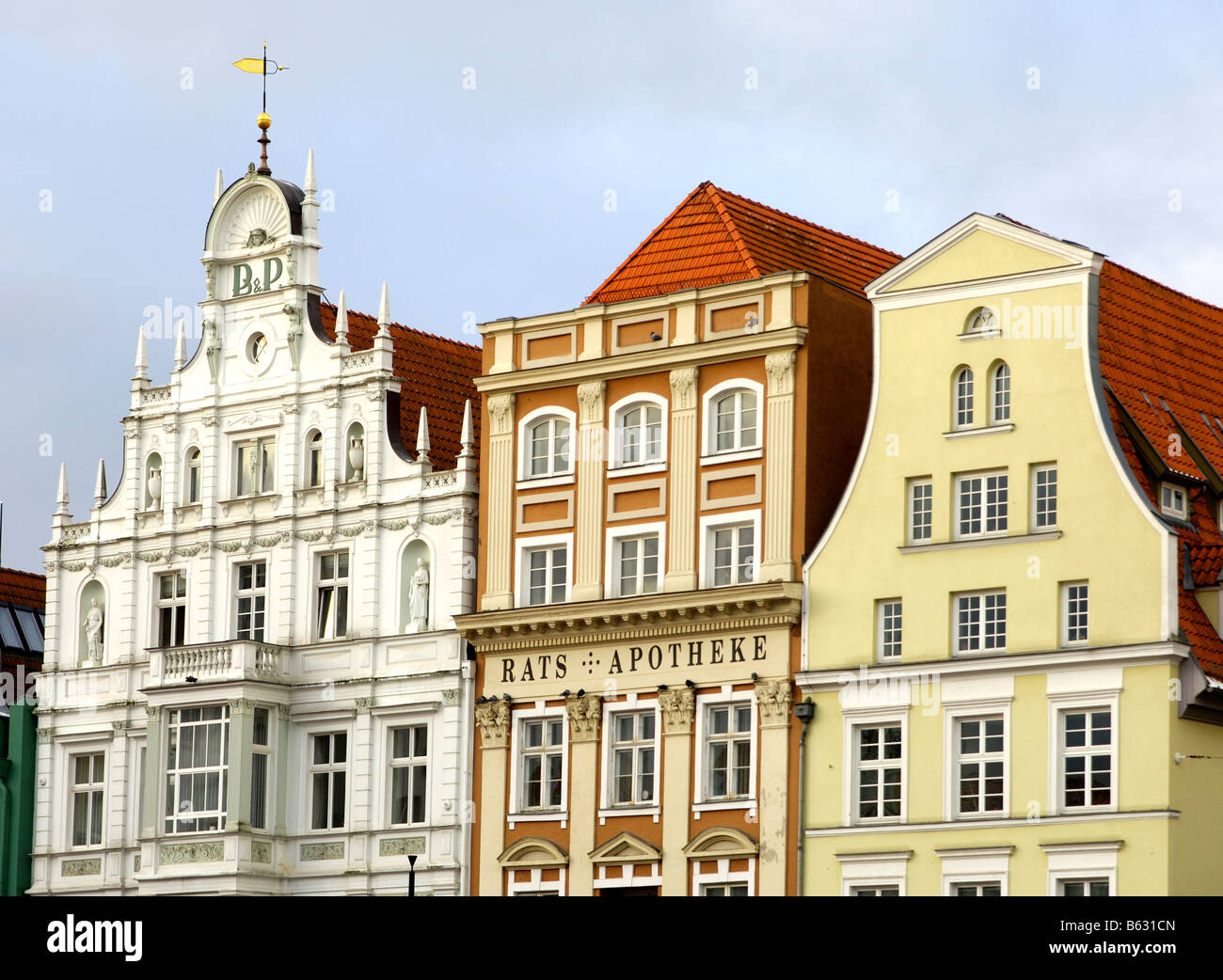 Baroque and neoclassical pediments at the New Market square, Rostock ...