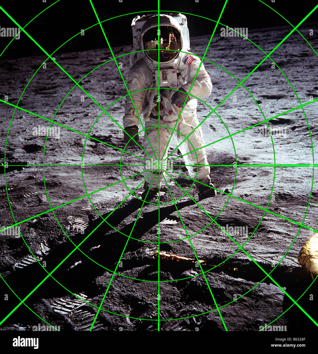 NASA astronaut photographing on moon framed in computer generated radar ...