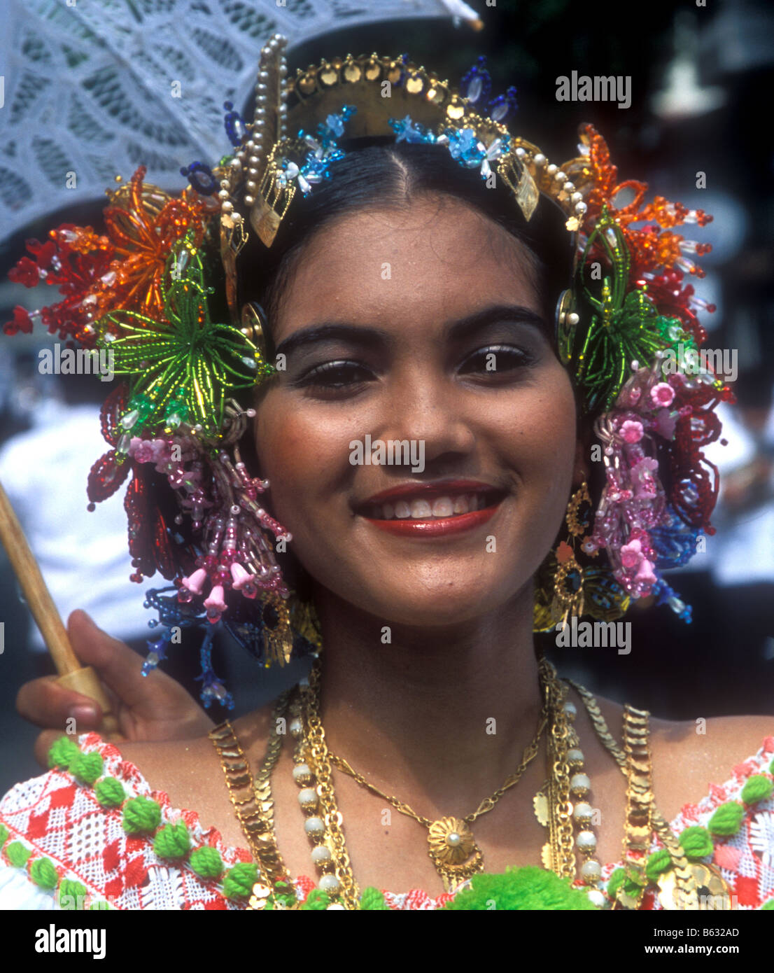 Portrait of Panamanian woman in traditional dress during a Parade in ...