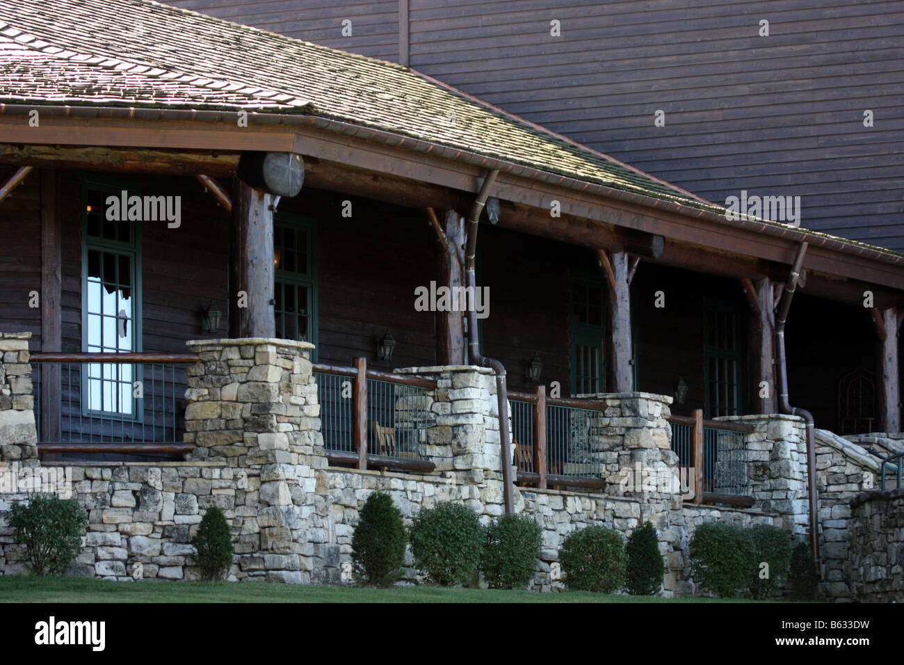 Large rustic log porch of the Keeter Convention Center at the College ...