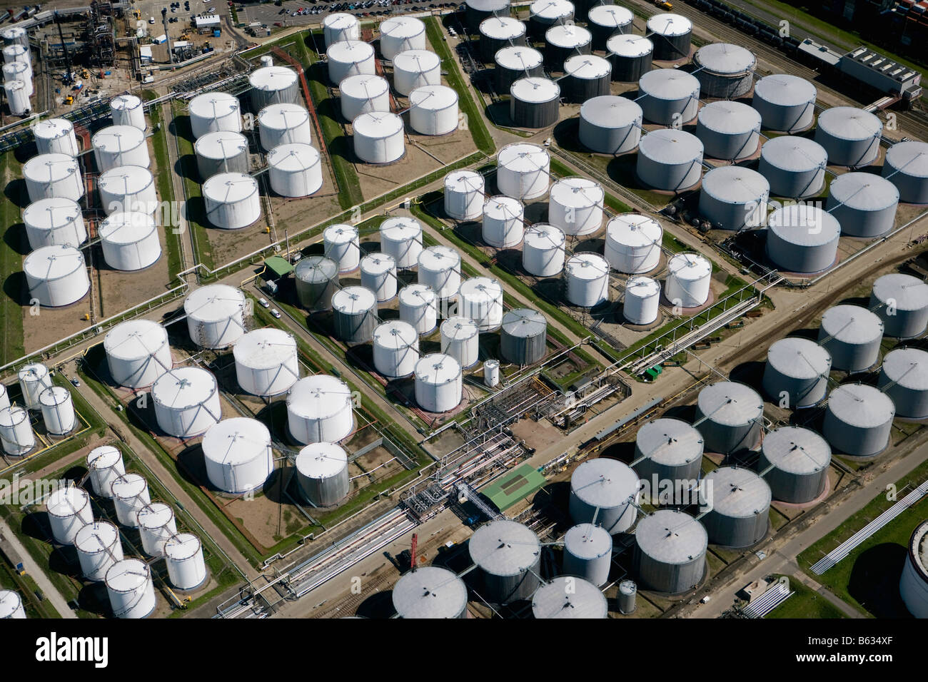 Holland Zuid Holland Rotterdam Harbour Oil storage Aerial Stock Photo ...