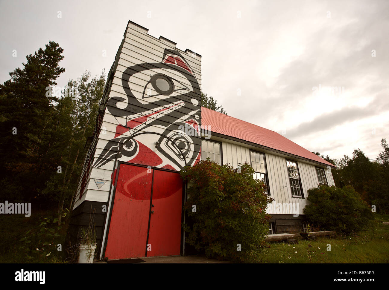 Native lodge at Kitsumkalum Provincial Park in British Columbia Stock ...