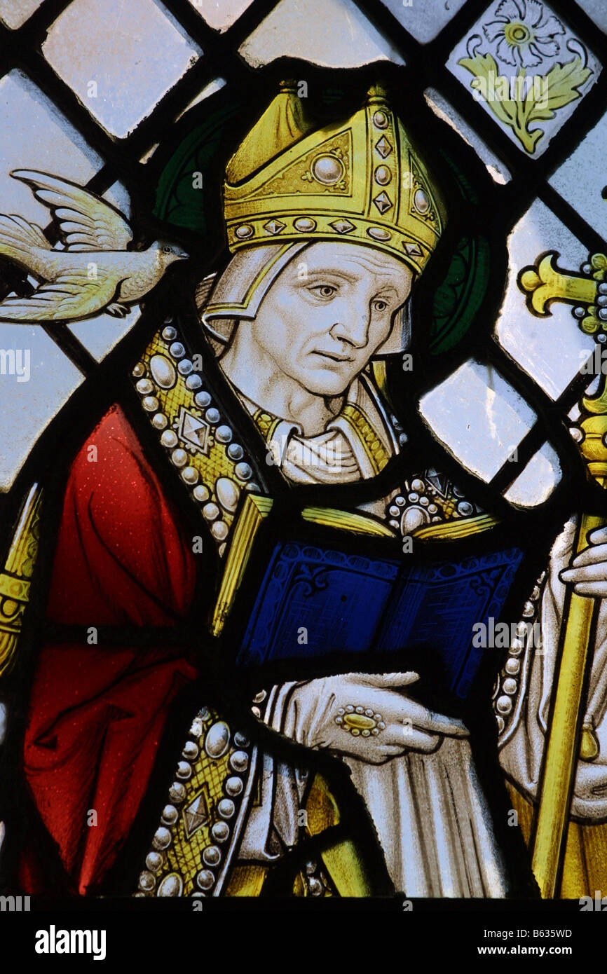 Stainglass window of Saint David, St Non's Chapel with Blue sky.St ...