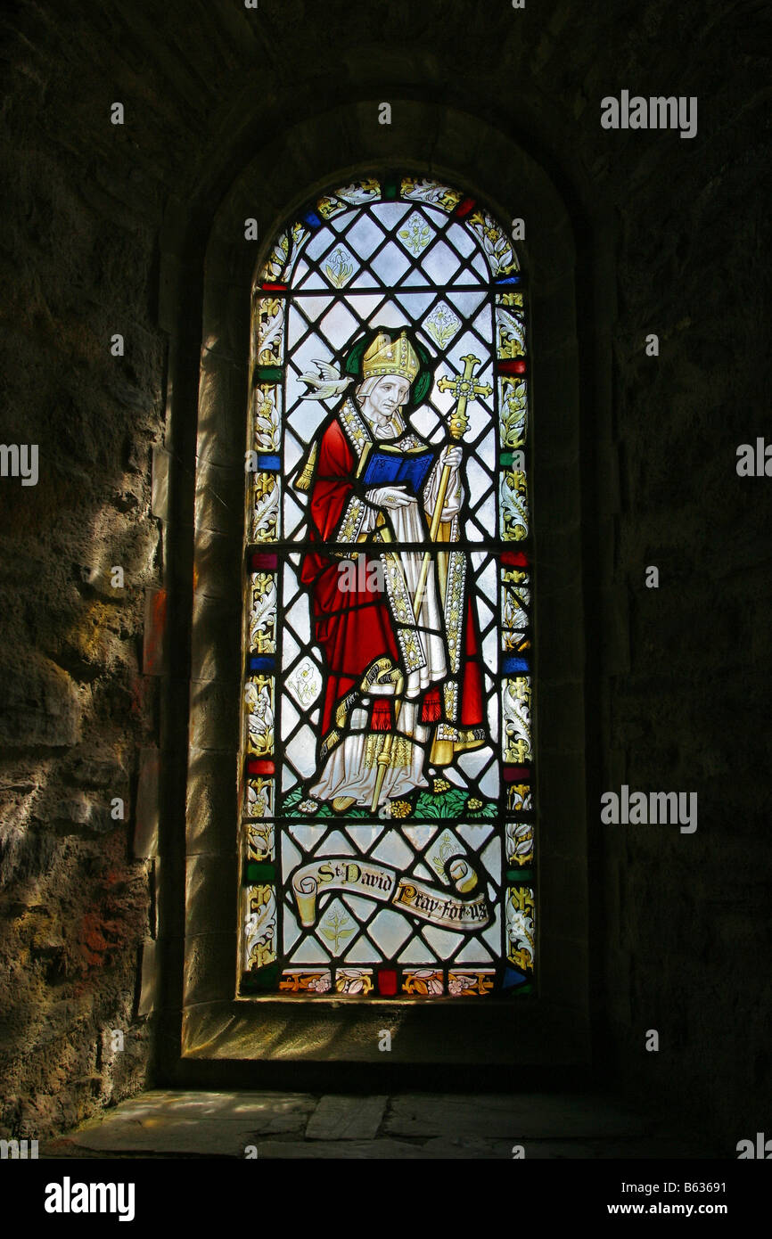 Stainglass window of Saint David, St Non's Chapel with Blue sky.St ...