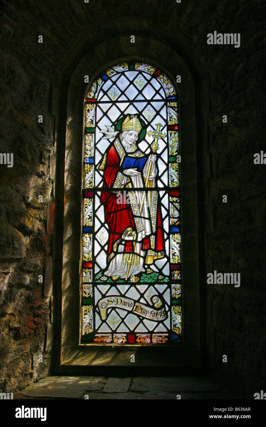 Stainglass window of Saint David, St Non's Chapel with Blue sky.St ...