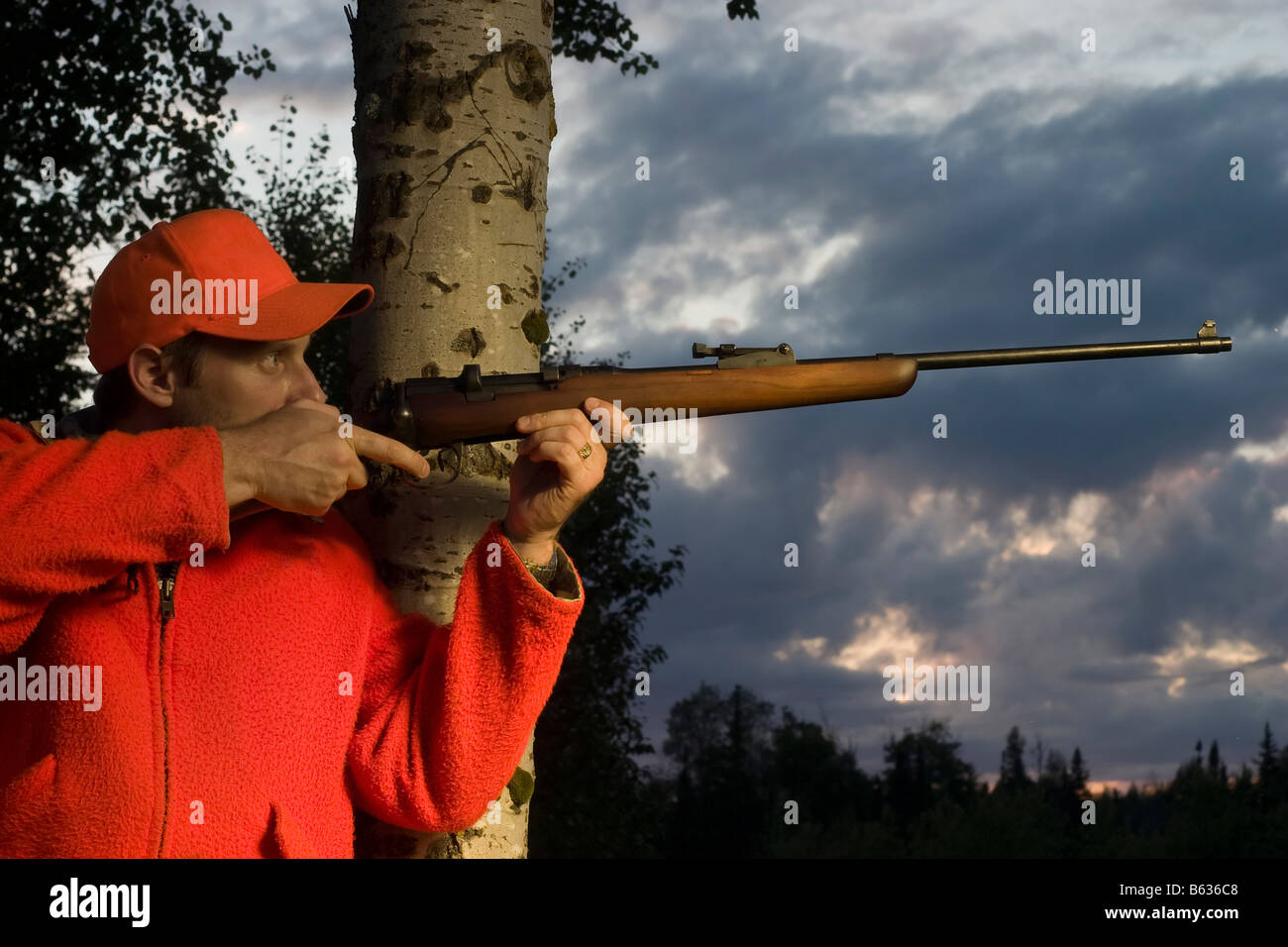 hunter leaning on tree and aiming rifle Stock Photo - Alamy