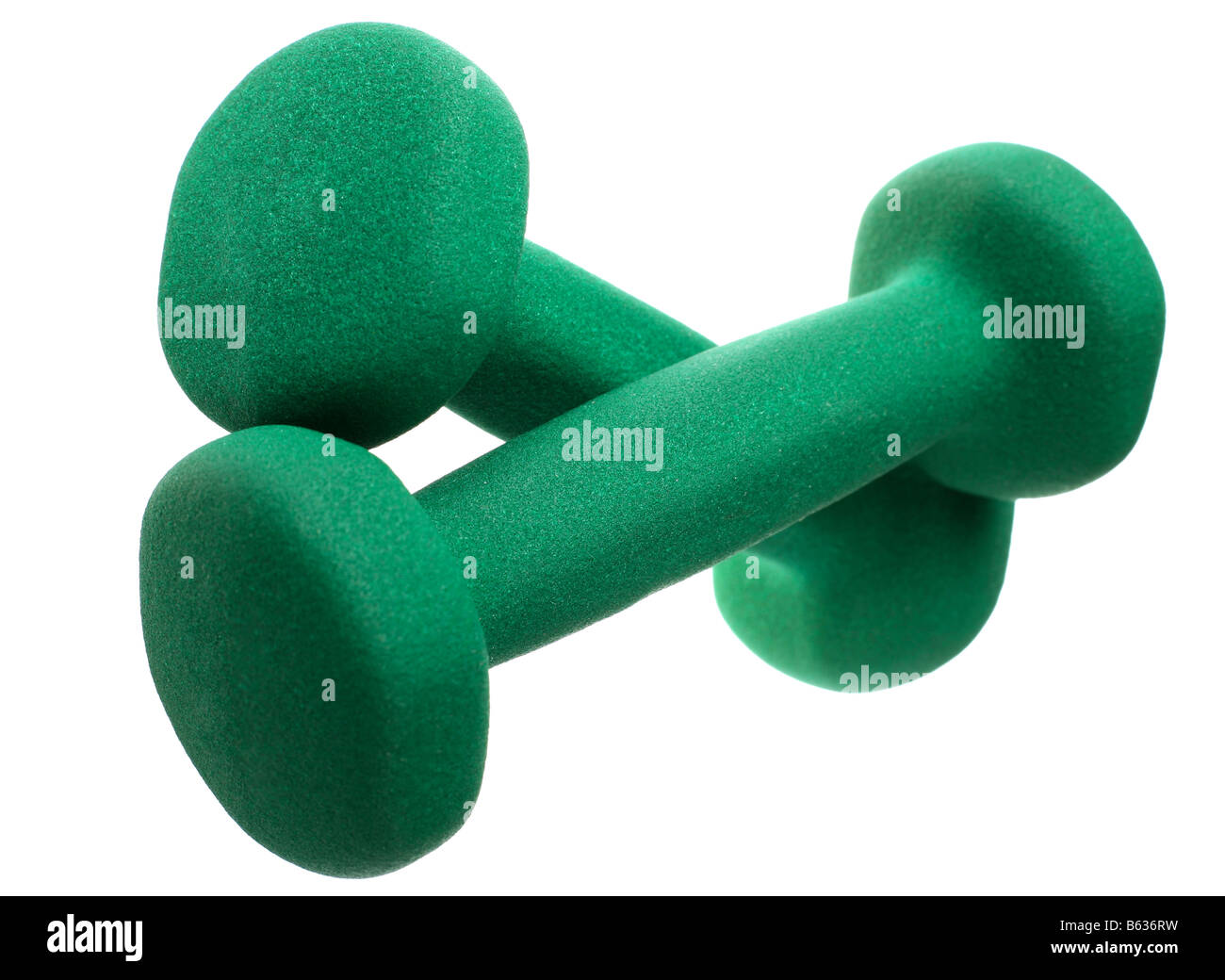 Two green dumbbells isolated on white background Stock Photo - Alamy