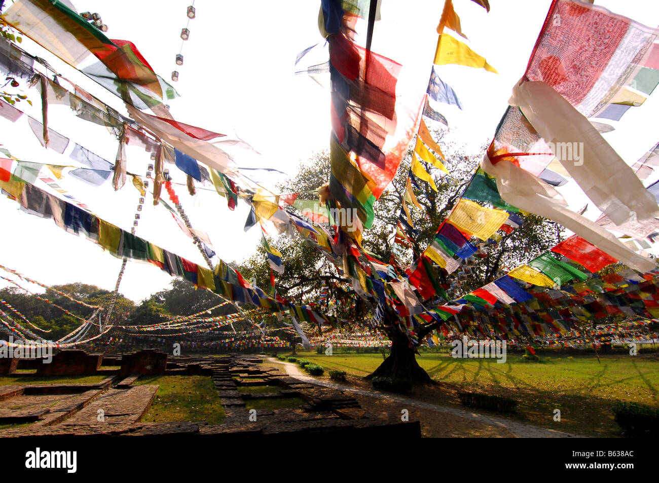 Prayer flags at Lumbini in Nepal near the border with India Stock Photo ...