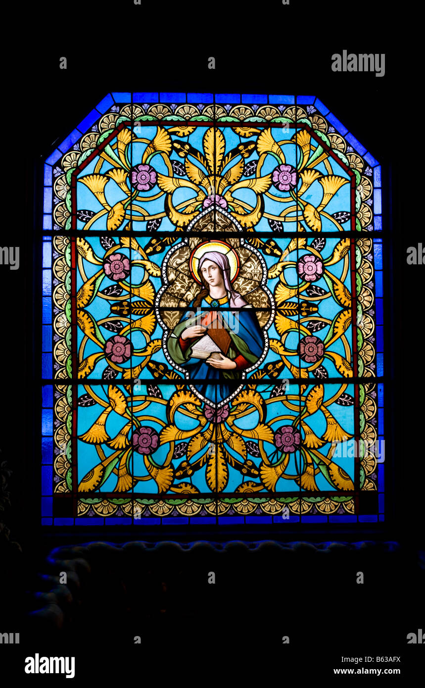 Stained glass window of the Virgin Mary in Hotel Santa Cruz Stock Photo ...