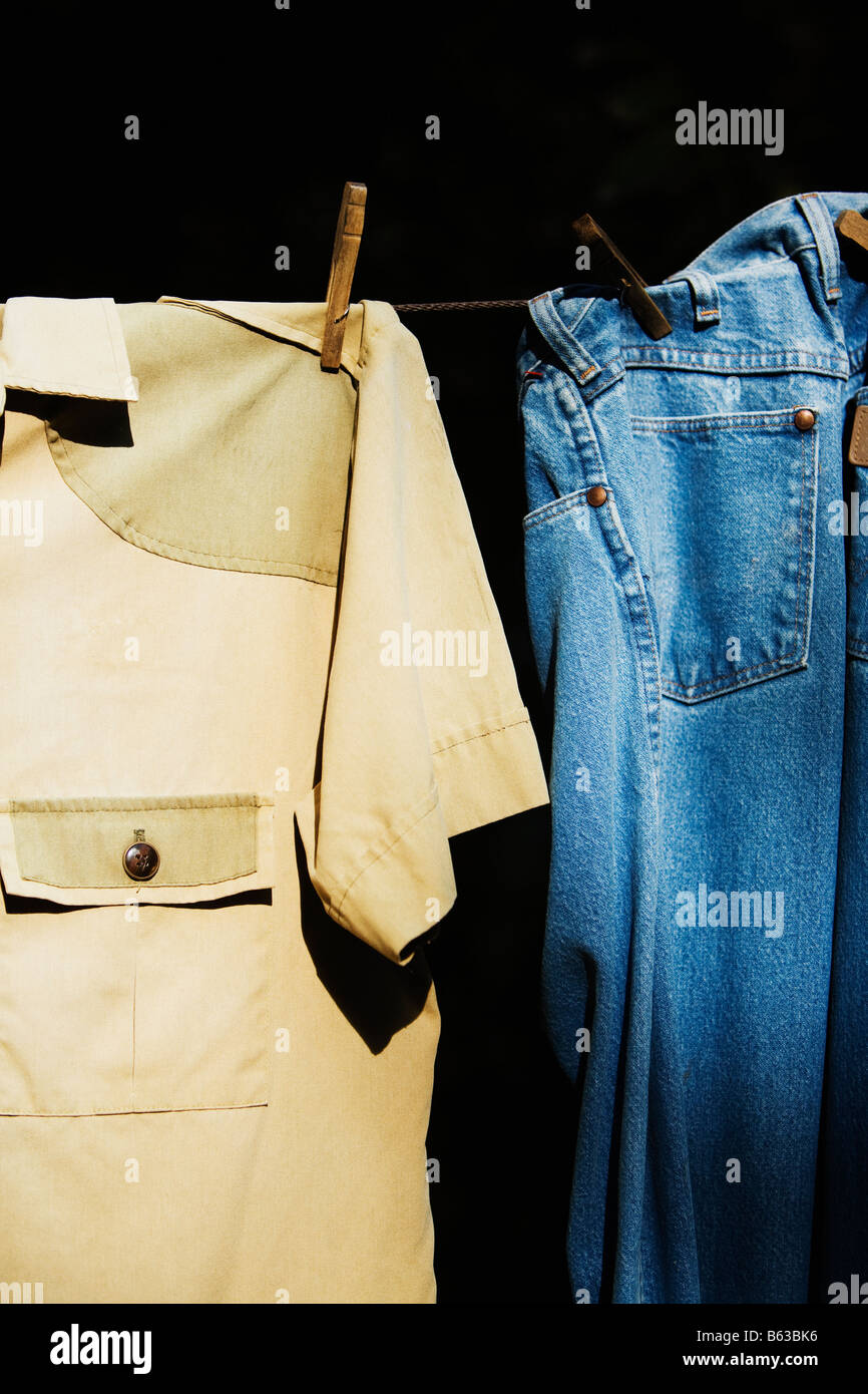 Close-up of clothes hanging on a clothesline Stock Photo - Alamy