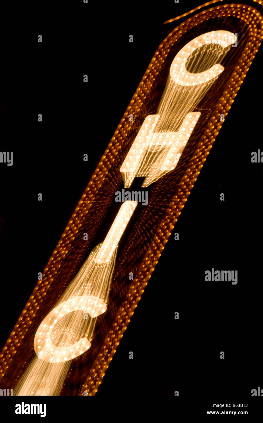 Low angle view of Chicago neon sign lit up at night, Chicago Theatre ...