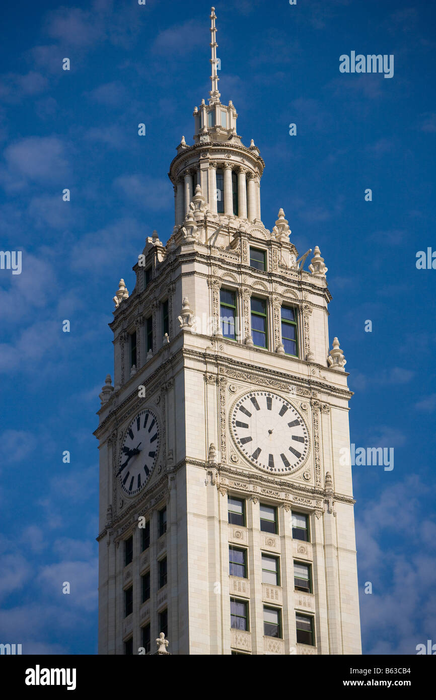 Low angle view of a clock tower, Wrigley Building, Chicago, Illinois ...