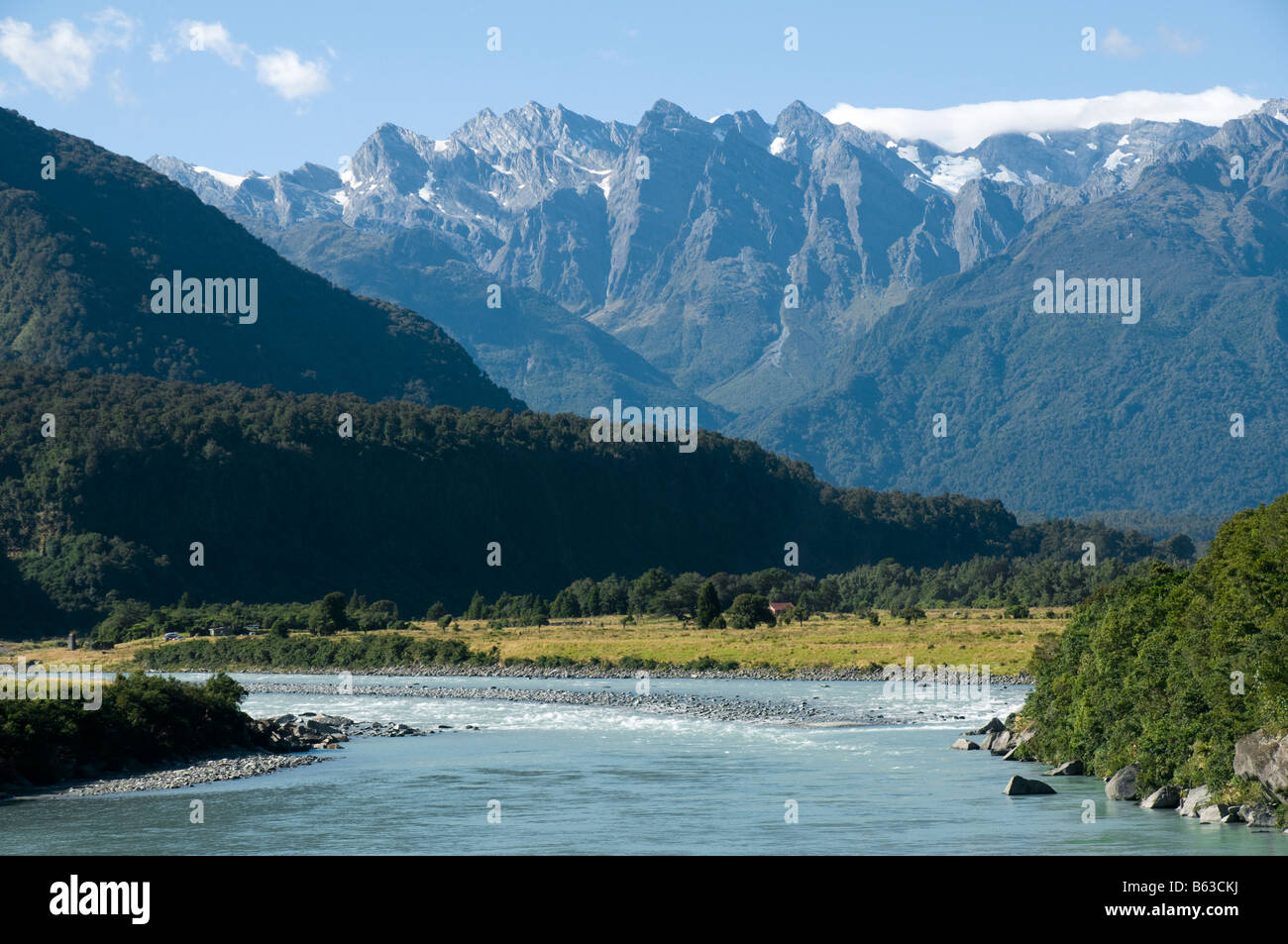 The Southern Alps from the Whataroa River, South Island, New Zealand ...