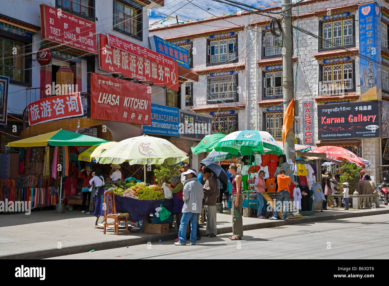 Market stalls in front of Lhasa Kitchen on Zangyi Lu the road between ...