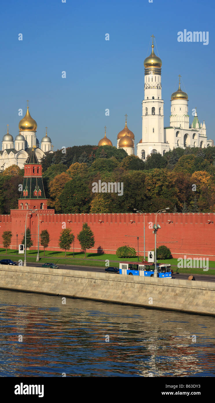 City architecture, view of red wall of Kremlin from embankment of ...