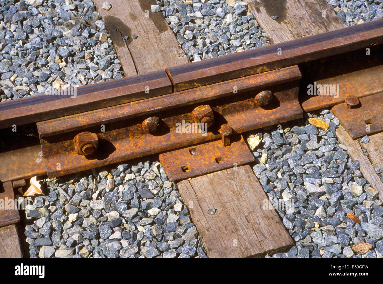 Rusty connection plates hold train rails together Stock Photo - Alamy