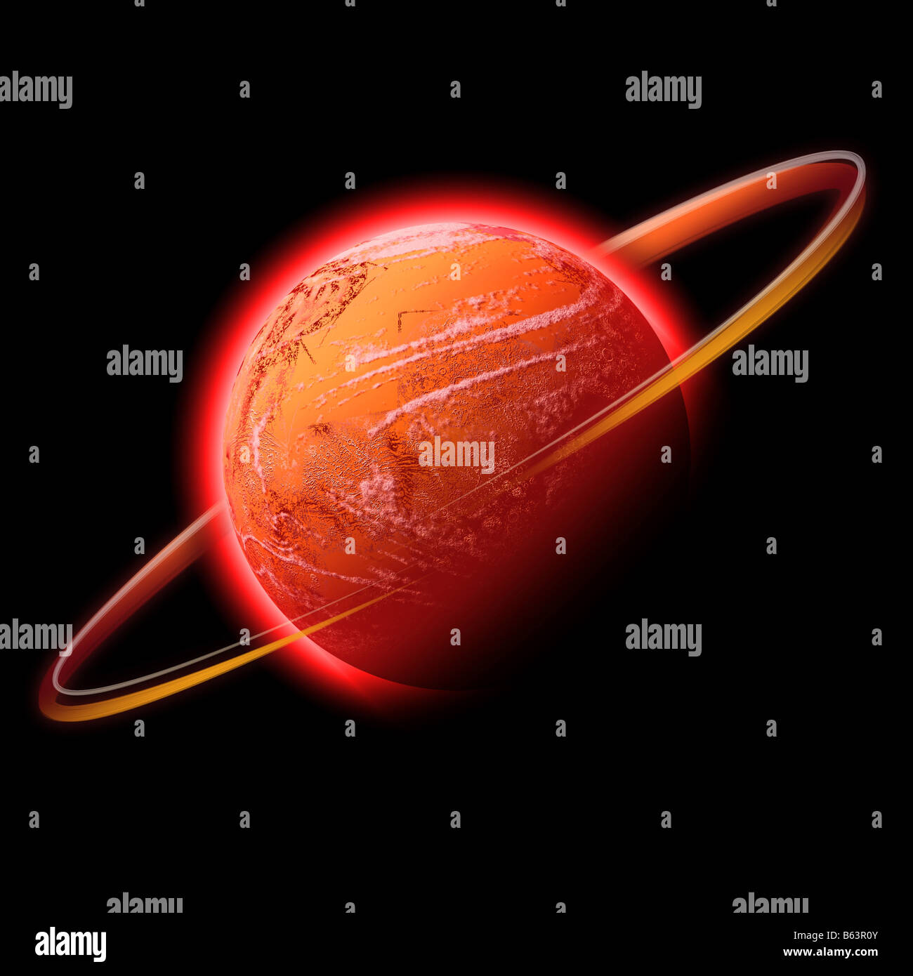 A red hot glowing planet with a glowing ring of light around it This ...