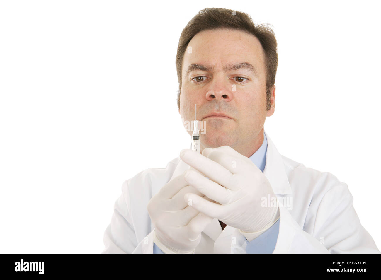 Doctor with syringe getting ready to give a shot Isolated on white ...