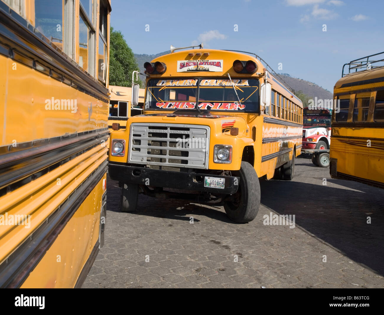 A former American school buses decorated and reused in bus station ...