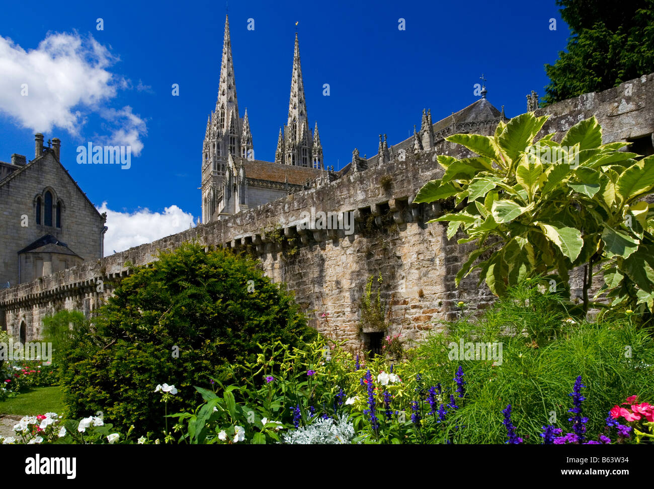 The twin spires of St Corentin Cathedral in Quimper Brittany France ...