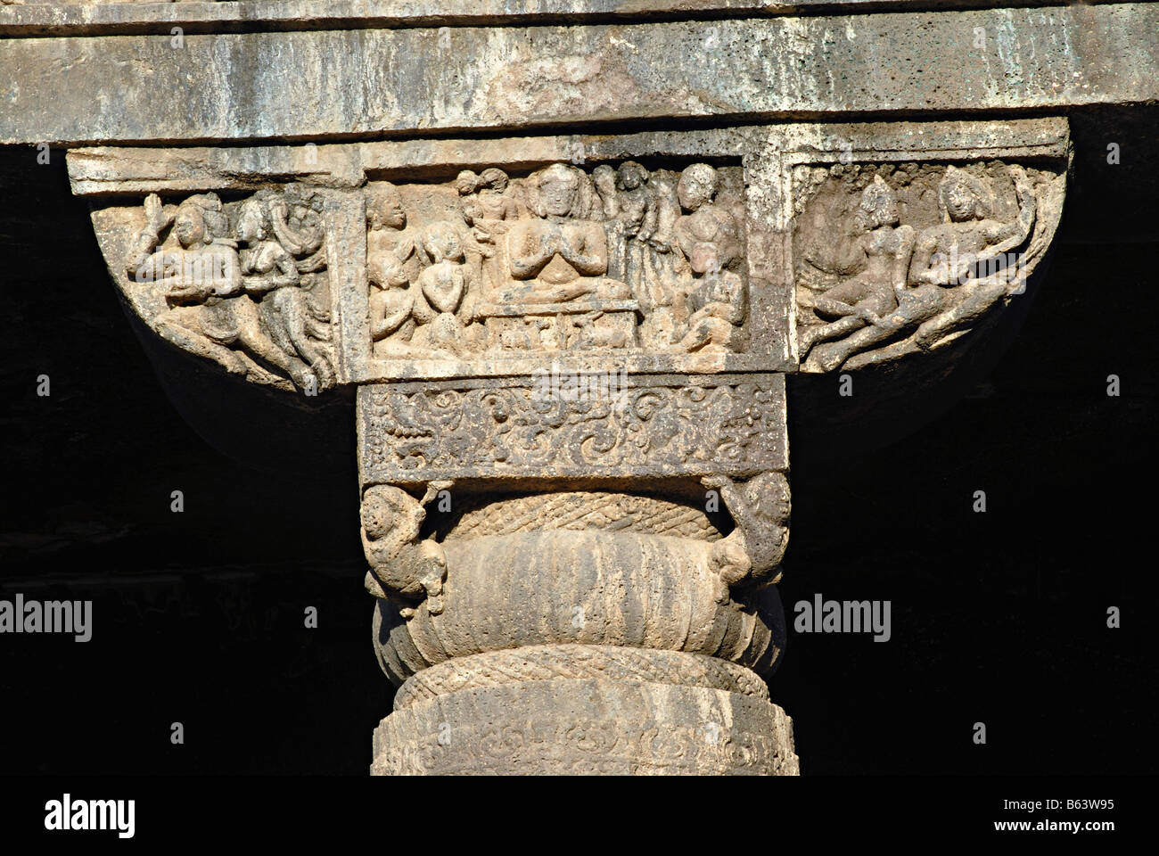 Ajanta Cave 1 : Pillar capital of verandah, showing Buddha in padmasana ...