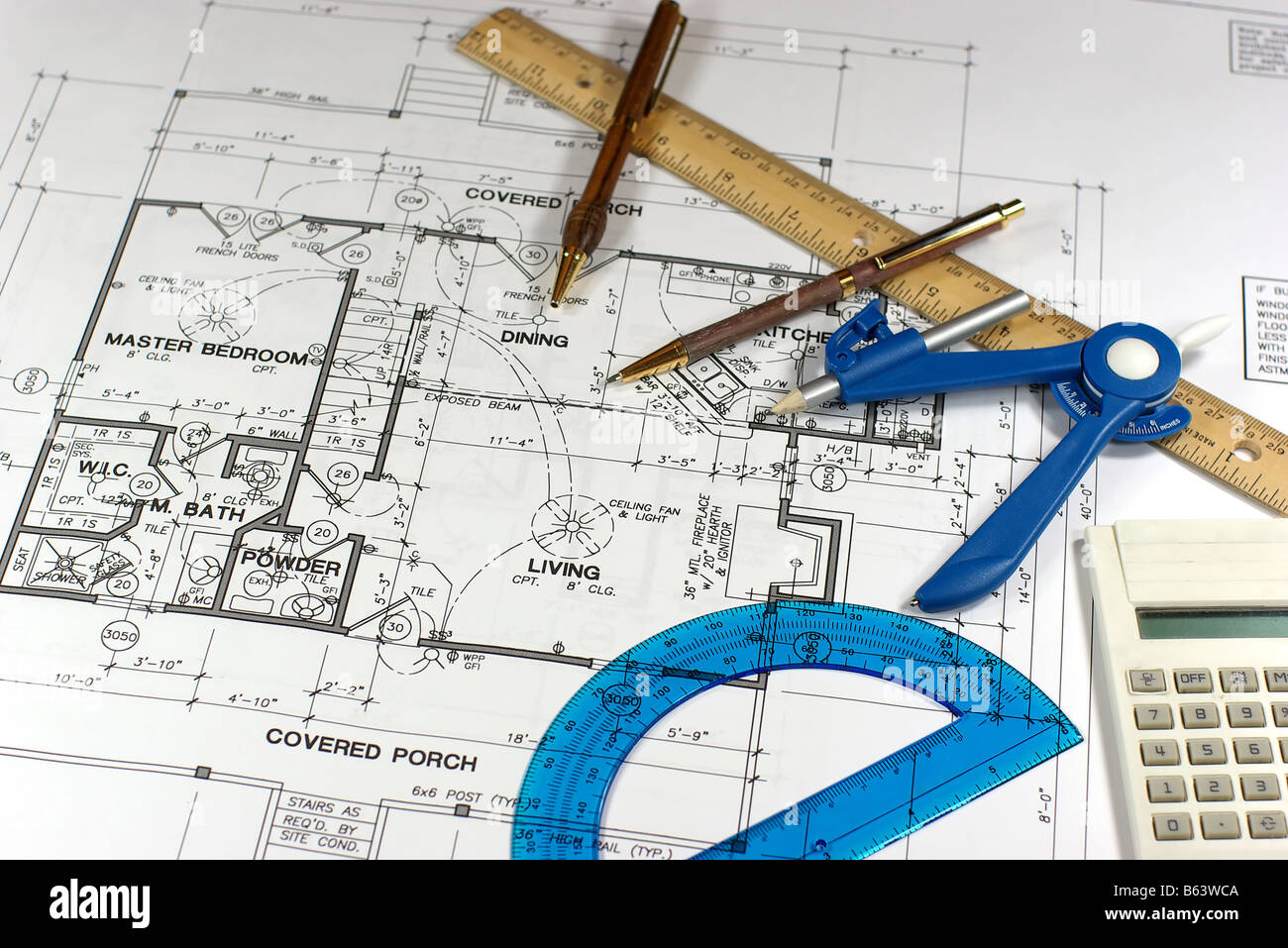 A blueprint floorplan with various equipment on top Stock Photo - Alamy