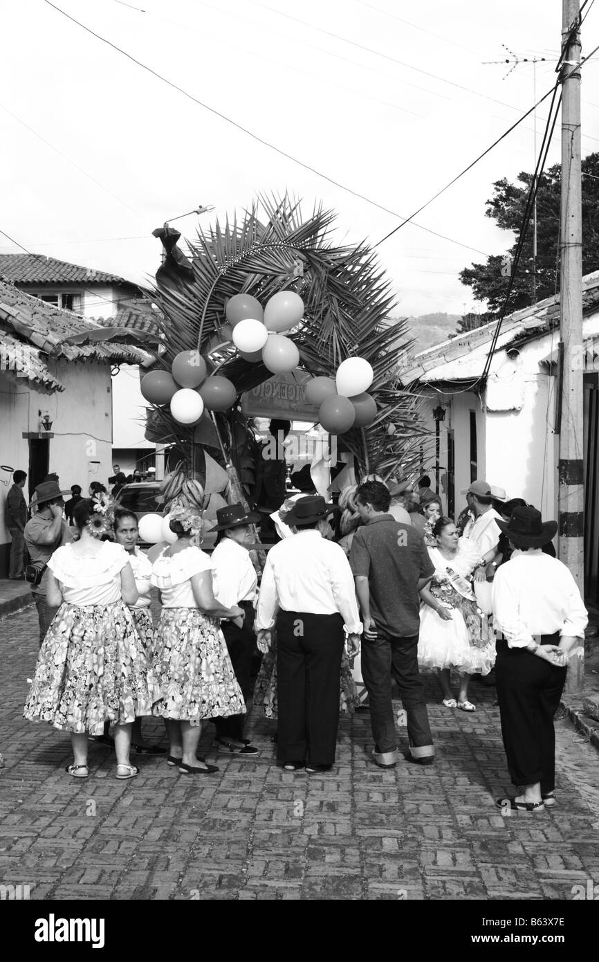 group of people during a folkloric parade in typical costumes, Tibasosa ...