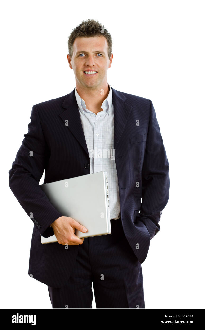 Happy businessman holding laptop computer smiling cutout on white Stock ...