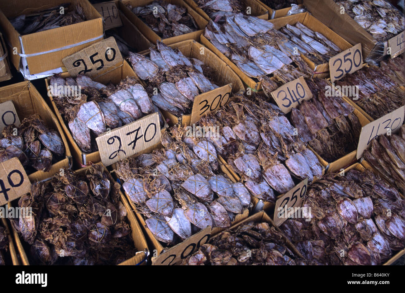 Dried fish on display at a market stall in Bangkok, Thailand Stock ...