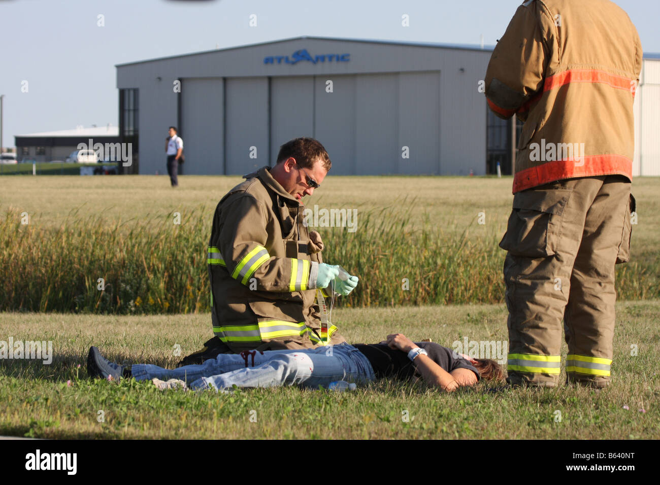 EMS personnel tagging an injured lady at an airport in Wisconsin where ...