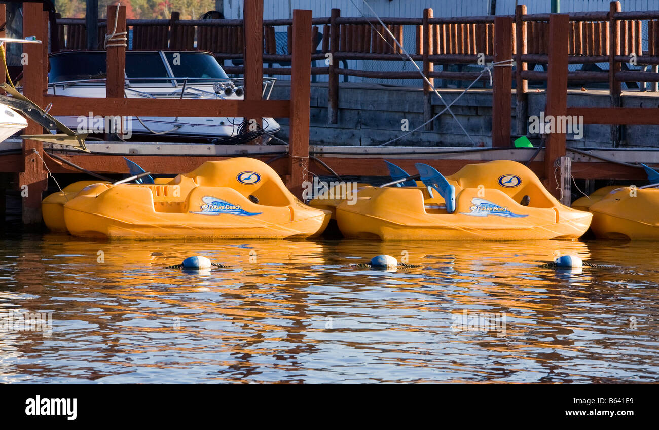 A row of resort peddle two person boats Stock Photo - Alamy