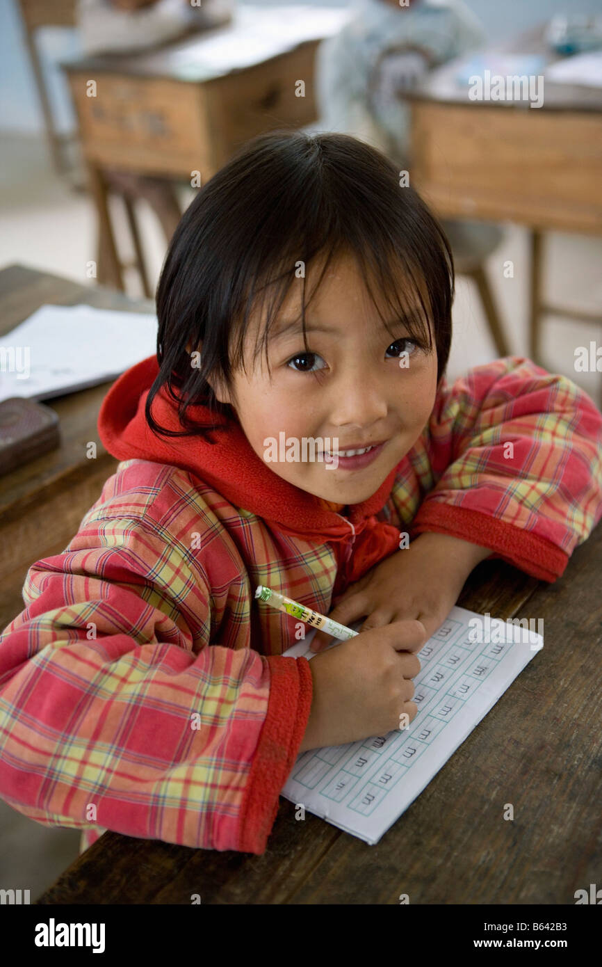 China. Hefei. Anhui. Countryside. Yuexi village. Girl at primary school ...