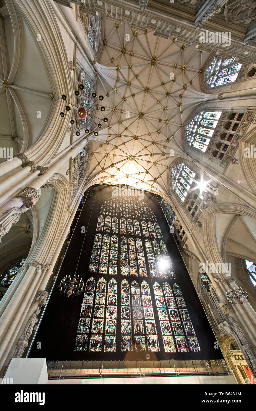 The Great East Window and roof at York Minster with a full sized mural ...
