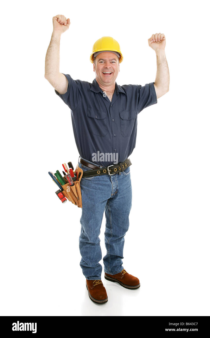 Construction worker excited by his success or good fortune Full body ...