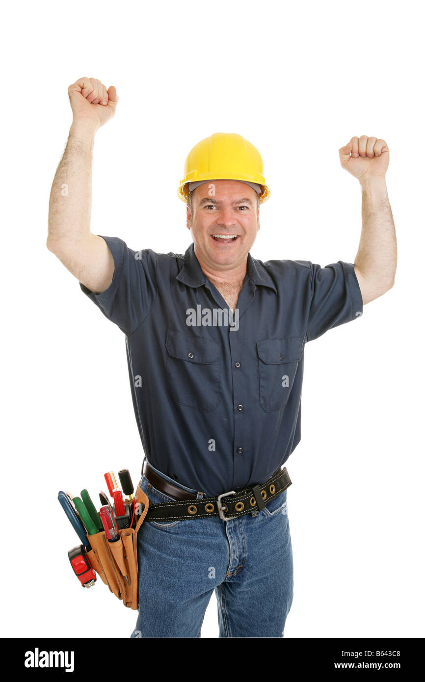 Construction worker throwing his arms up in joy Isolated on white Stock ...