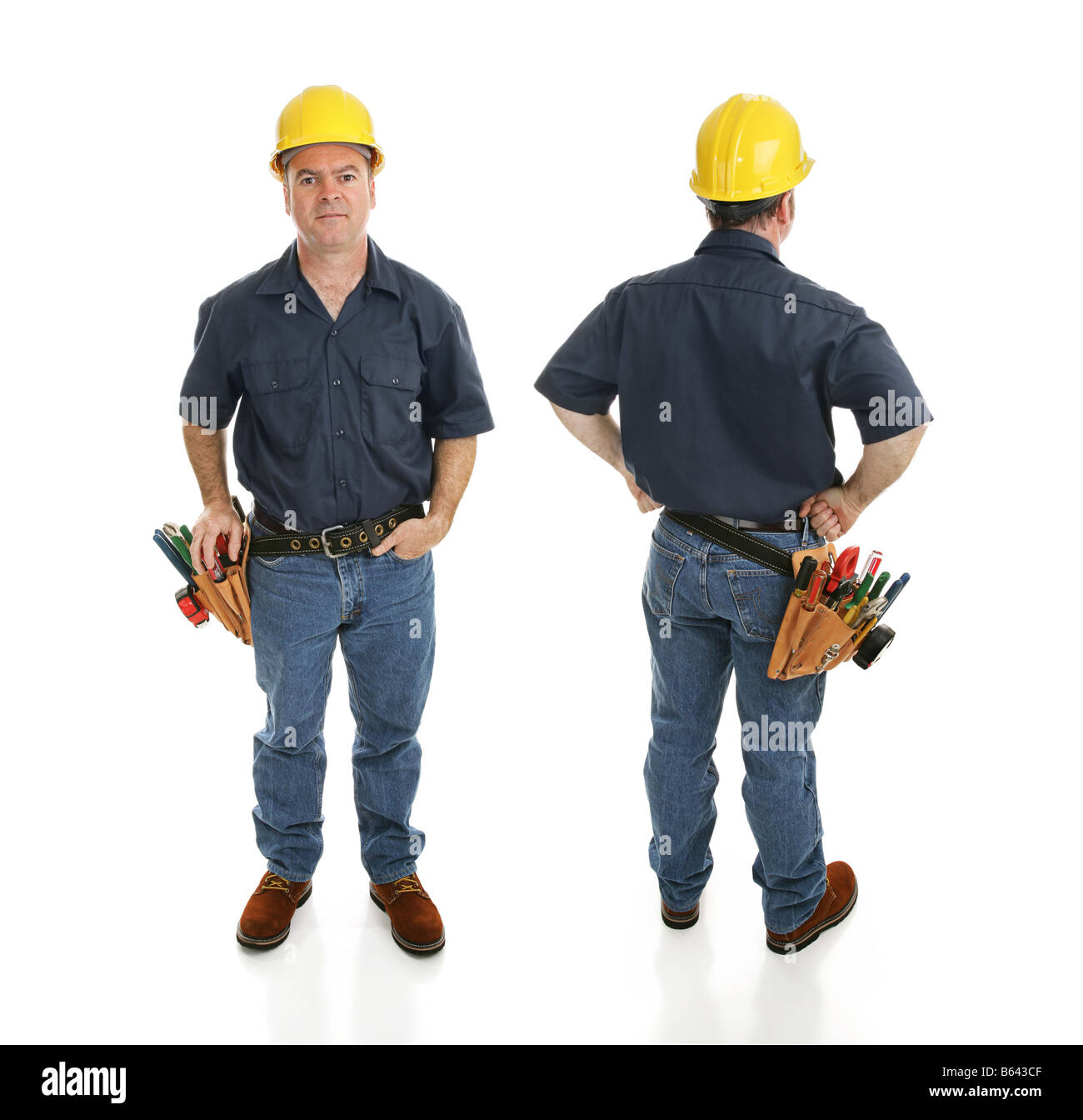 Front and back views of a construction worker Full body isolated on ...