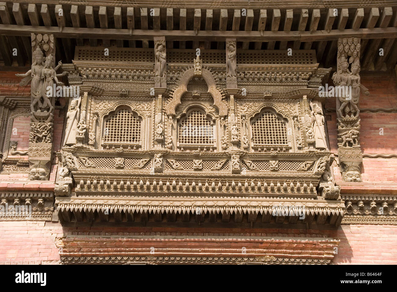 Wood carvings and window on the Basantapur Tower in the Durbar Square ...
