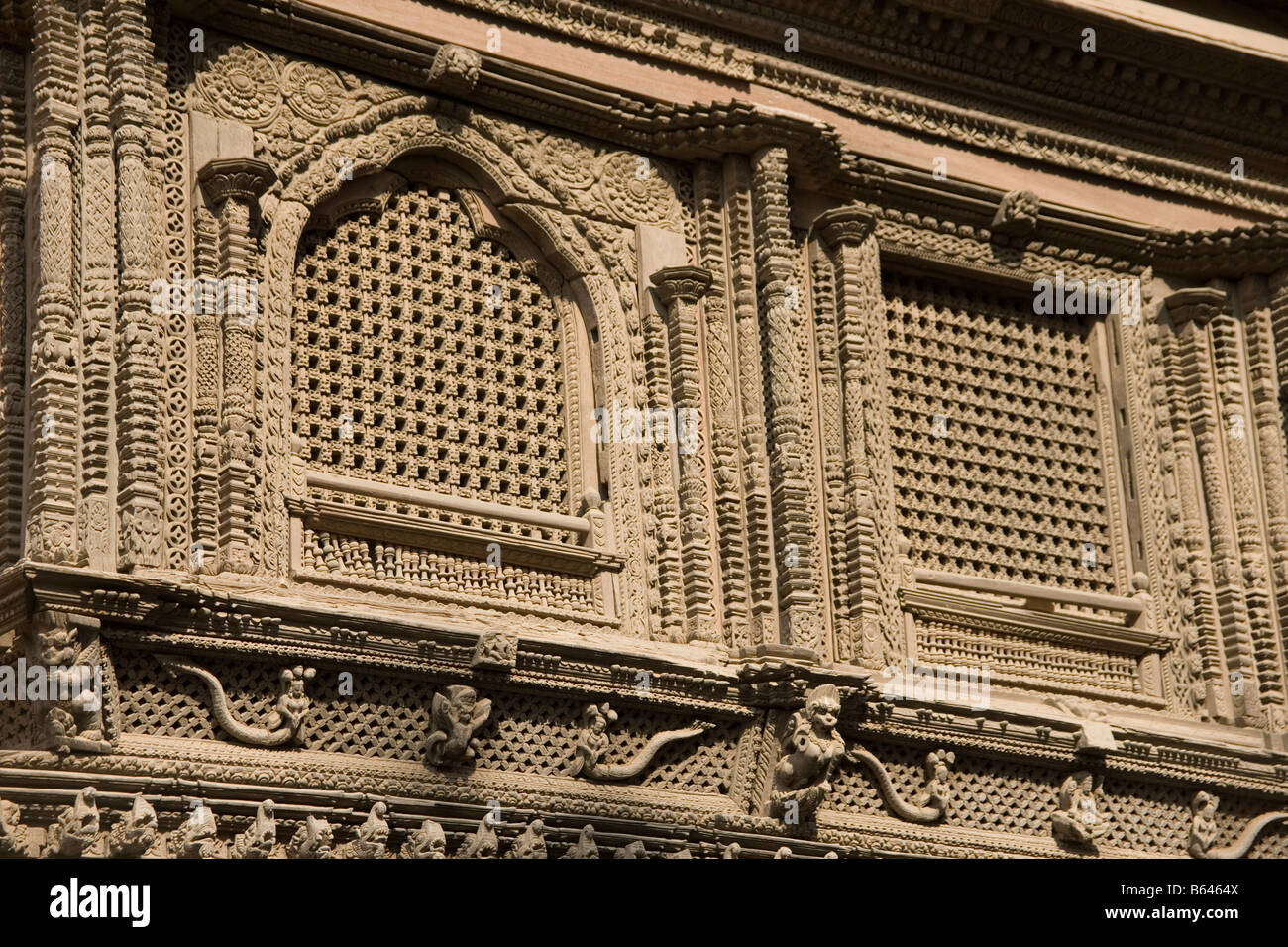 Wood carvings and window on the Basantapur Tower in the Durbar Square ...