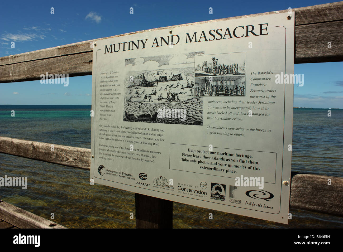 mutiny and massacare sign on smalll jetty on east wallabi island in the ...