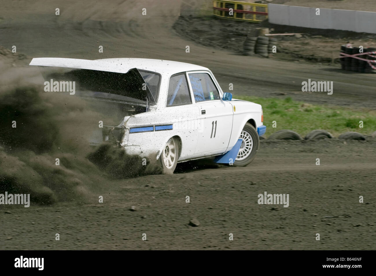 Volvo rally car in a race with a open trunk Stock Photo - Alamy