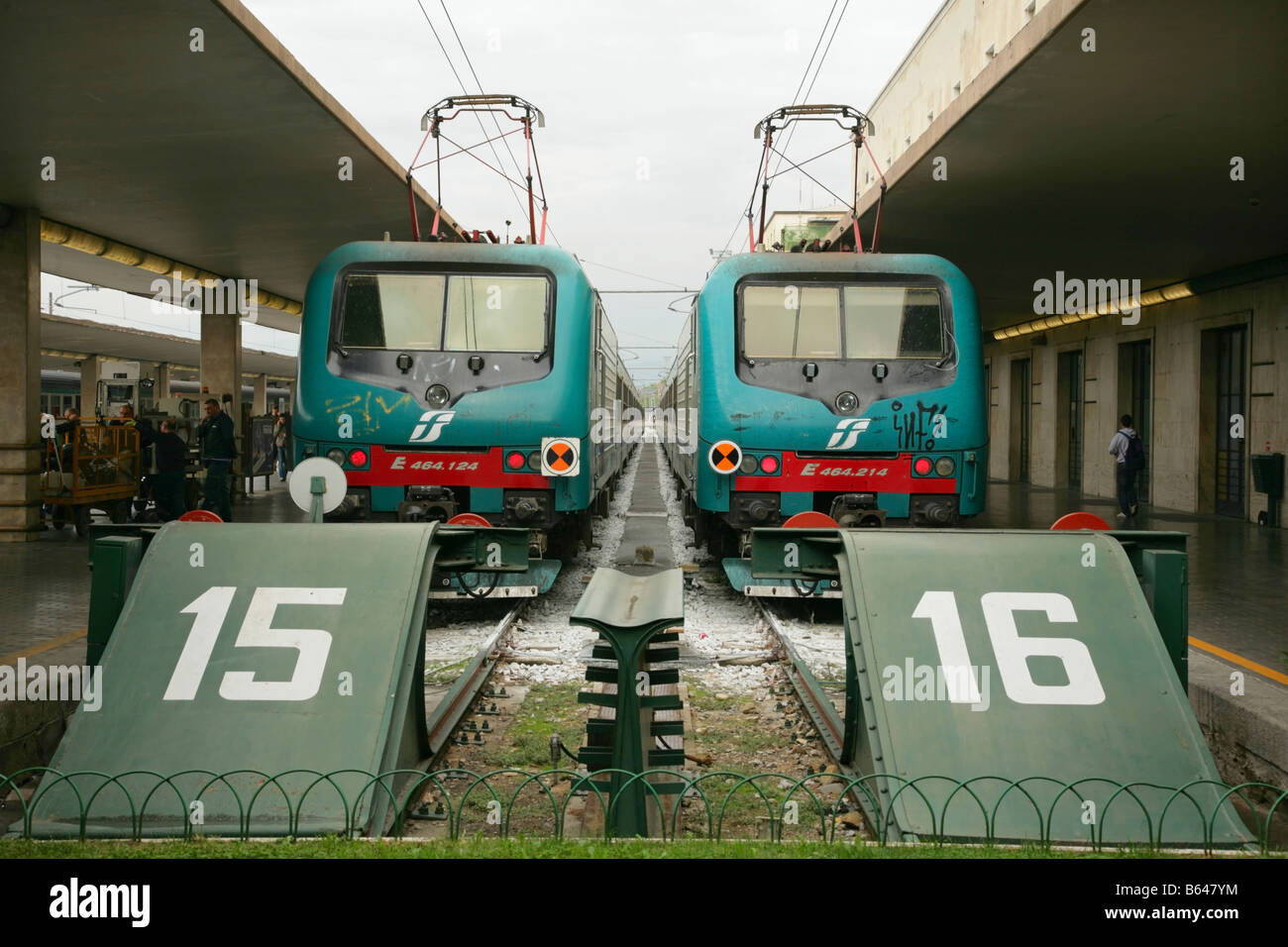 Two Italian electric trains waiting at platforms 15 and 16 in Florence ...