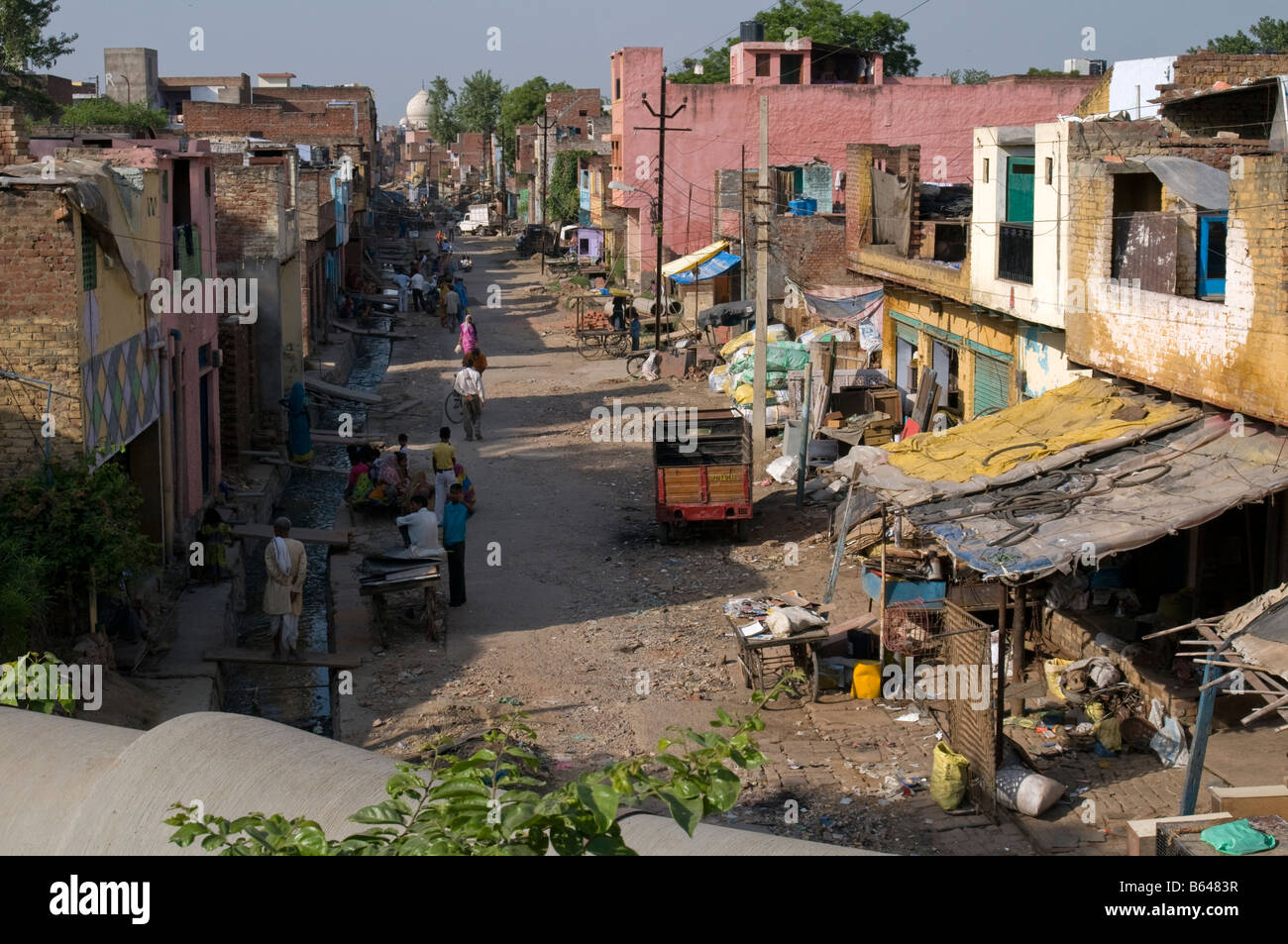 Aerial view over street showing poverty within a mile of the Taj Mahal ...