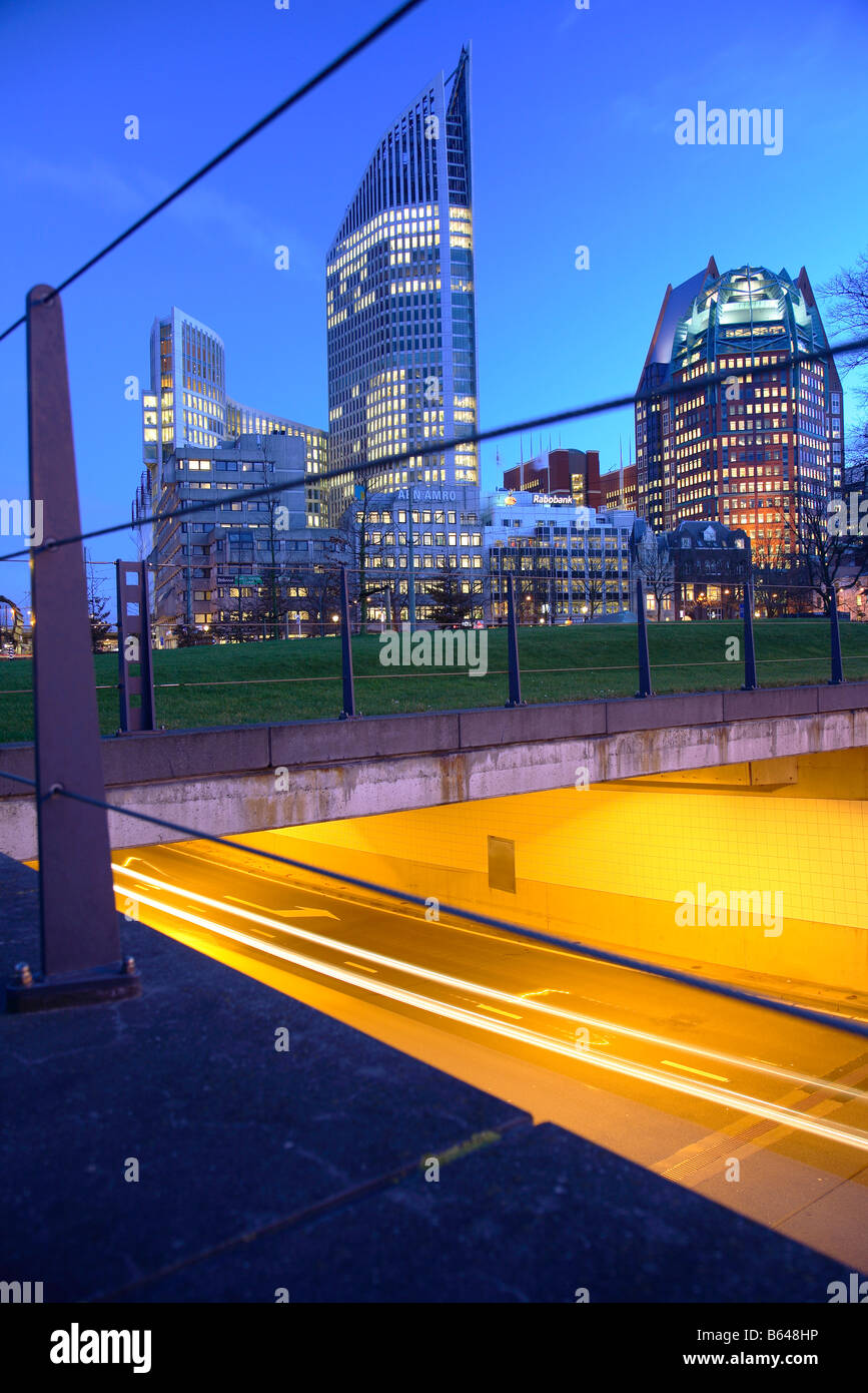 The Hague, Den Haag, city, urban, office buildings center at night ...