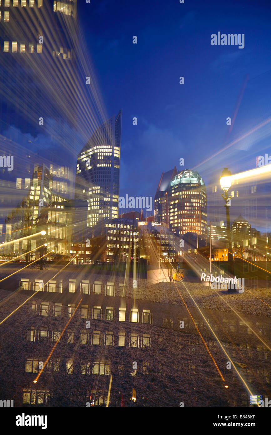 The Hague, Den Haag, city, urban, office buildings center at night ...