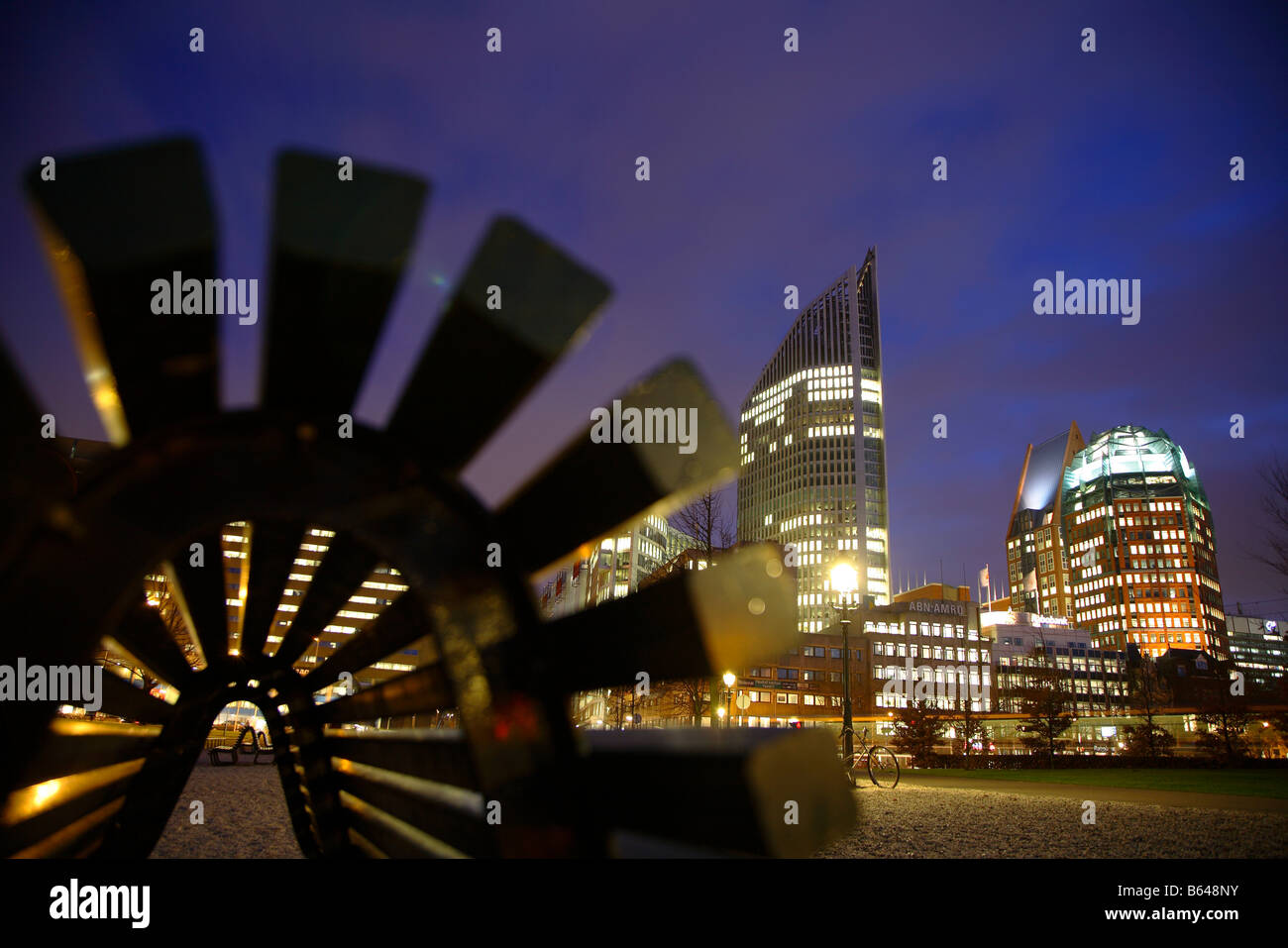 The Hague, Den Haag, city, urban, office buildings center at night ...
