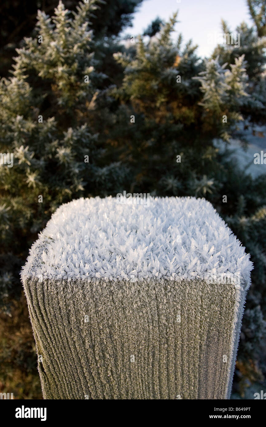 Thick frost covered gatepost Stock Photo - Alamy