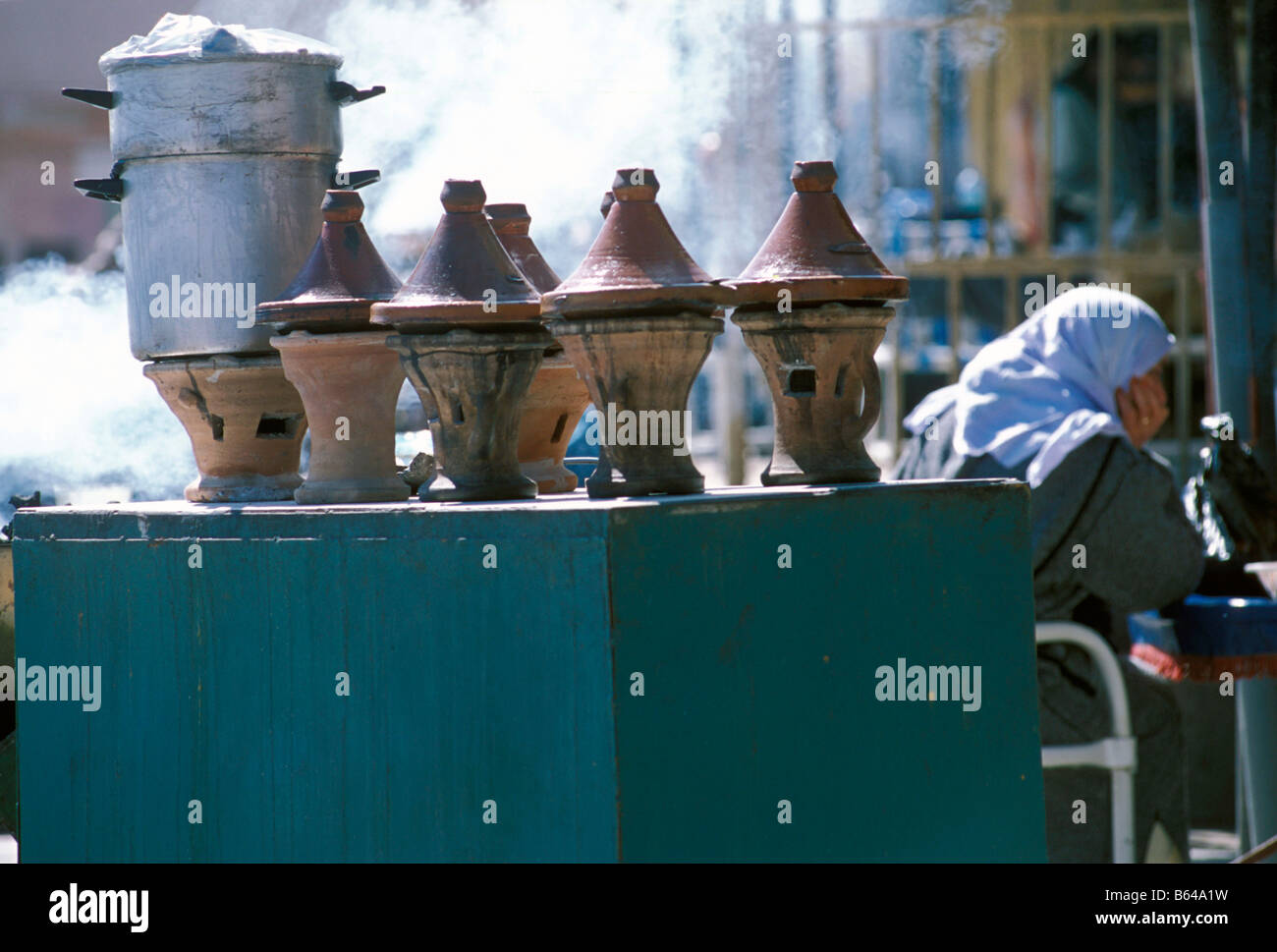 MOROCCO TYPICAL TAJINE DISH COOKED IN CLAY OVENS AT A STREET FOOD STALL ...